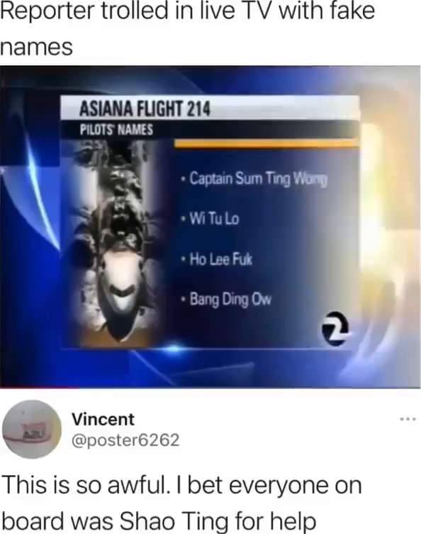 Reporter trolled in live TV with fake names ASIANA FLIGHT 214 PILOTS ...