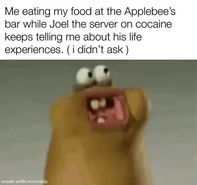 Me eating my food at the Applebee's bar while Joel the server on ...