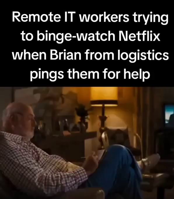 Remote IT workers trying to binge-watch Netflix when Brian from logistics pings them for help Dy ...