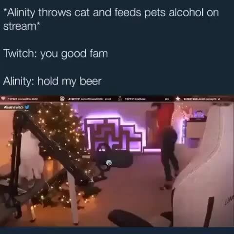 *Alinity throws cat and feeds pets alcohol on stream* Twitch: you good ...