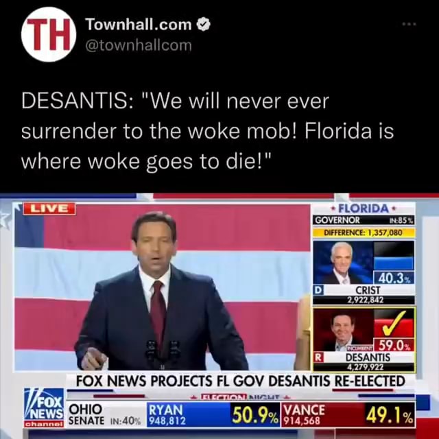 TH) townhallcom DESANTIS: "We will never ever surrender to the woke mob ...