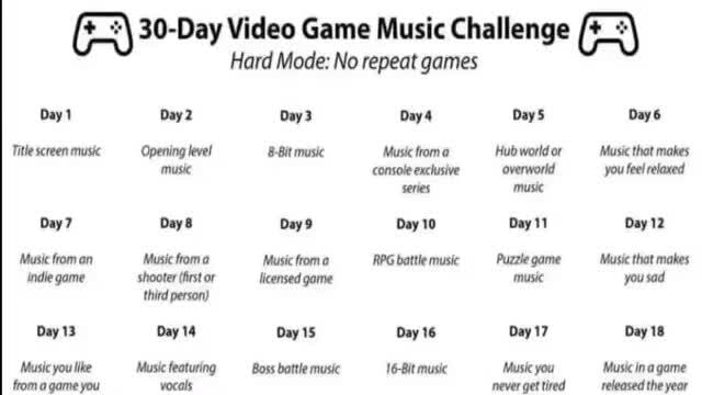 A) 30-Day Video Game Music Challenge Hard repeat games A - iFunny