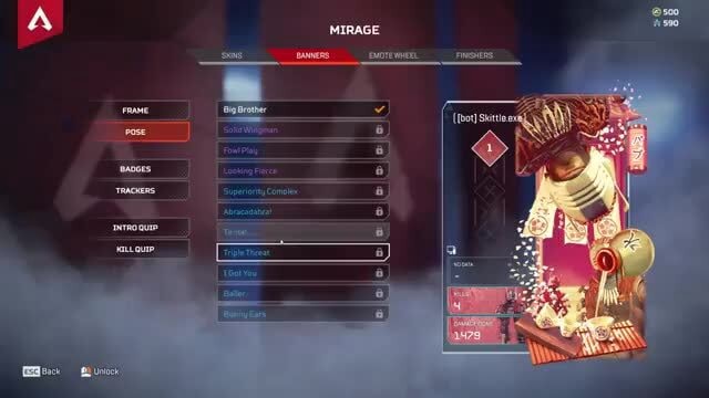 MIRAGE SKINS BANNERS EMOTE WHEEL FINISHERS FRAME Big Brother POSE Solid ...