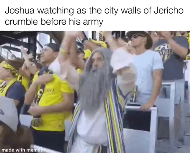 Joshua watching as the city walls of Jericho crumble before his army ...