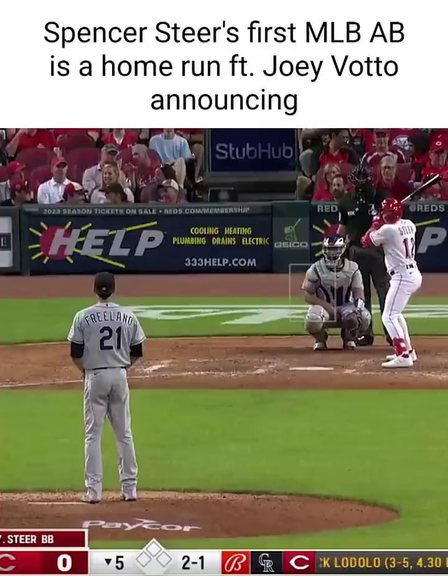 Spencer Steer's first MLB AB is home run ft. Joey Votto announcing af ...