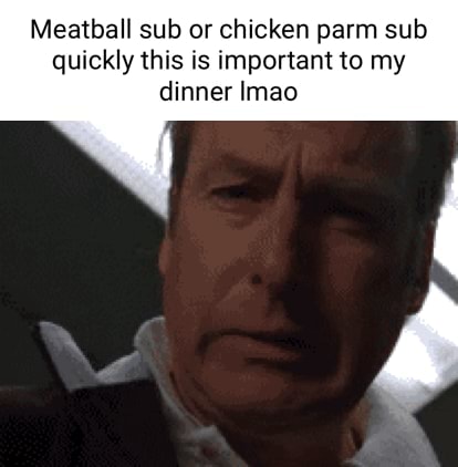 Meatball sub or chicken parm sub quickly this is important to my dinner ...