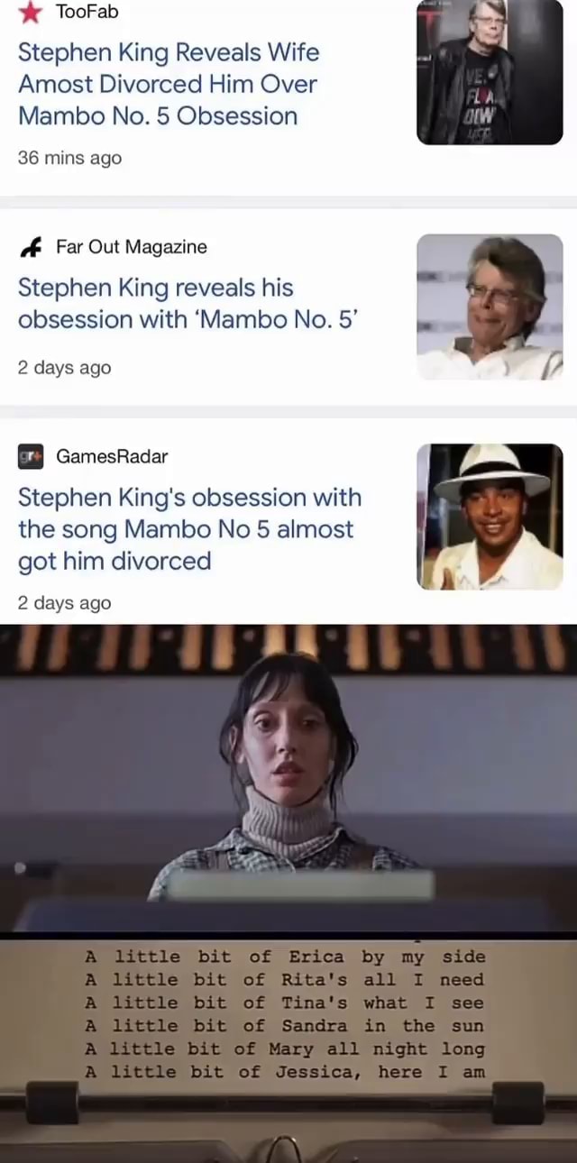 TooFab Stephen King Reveals Wife Amost Divorced Him Over Mambo No. 5 ...