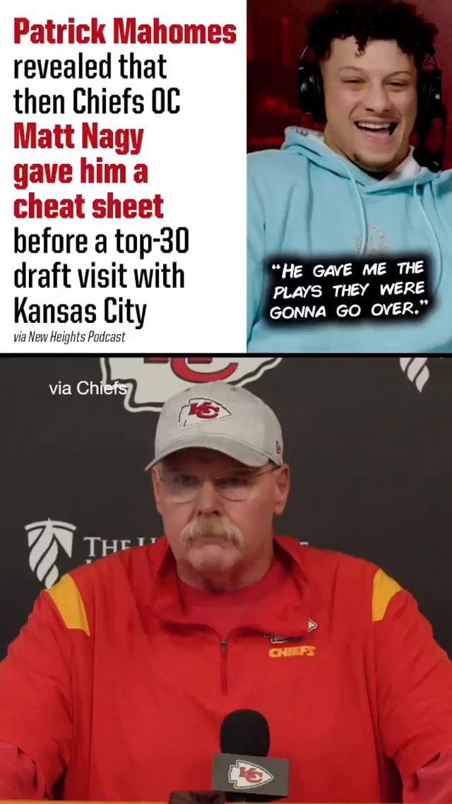 Patrick Mahomes revealed that then Chiefs OC Matt Nagy gave hima cheat ...