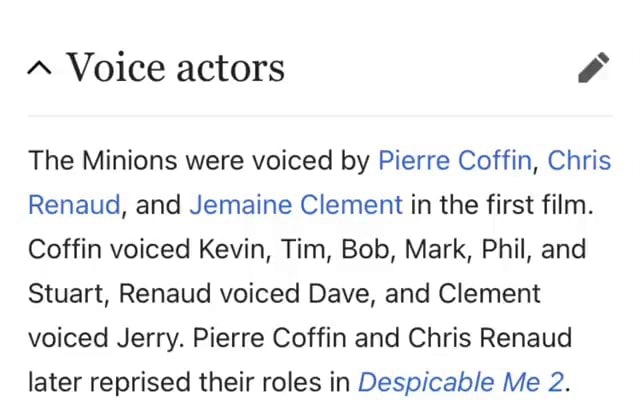 Voice actors The Minions were voiced by Pierre Coffin, Chris Renaud ...