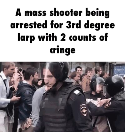 A mass shooter being arrested for degree larp with 2 counts of cringe ...